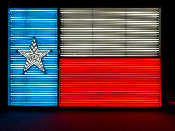 A neon Texas State Flag at the Institute of Texan Cultures,